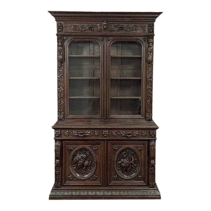 19th Century French Renaissance Hunt Bookcase ~ Bibliotheque | Chairish