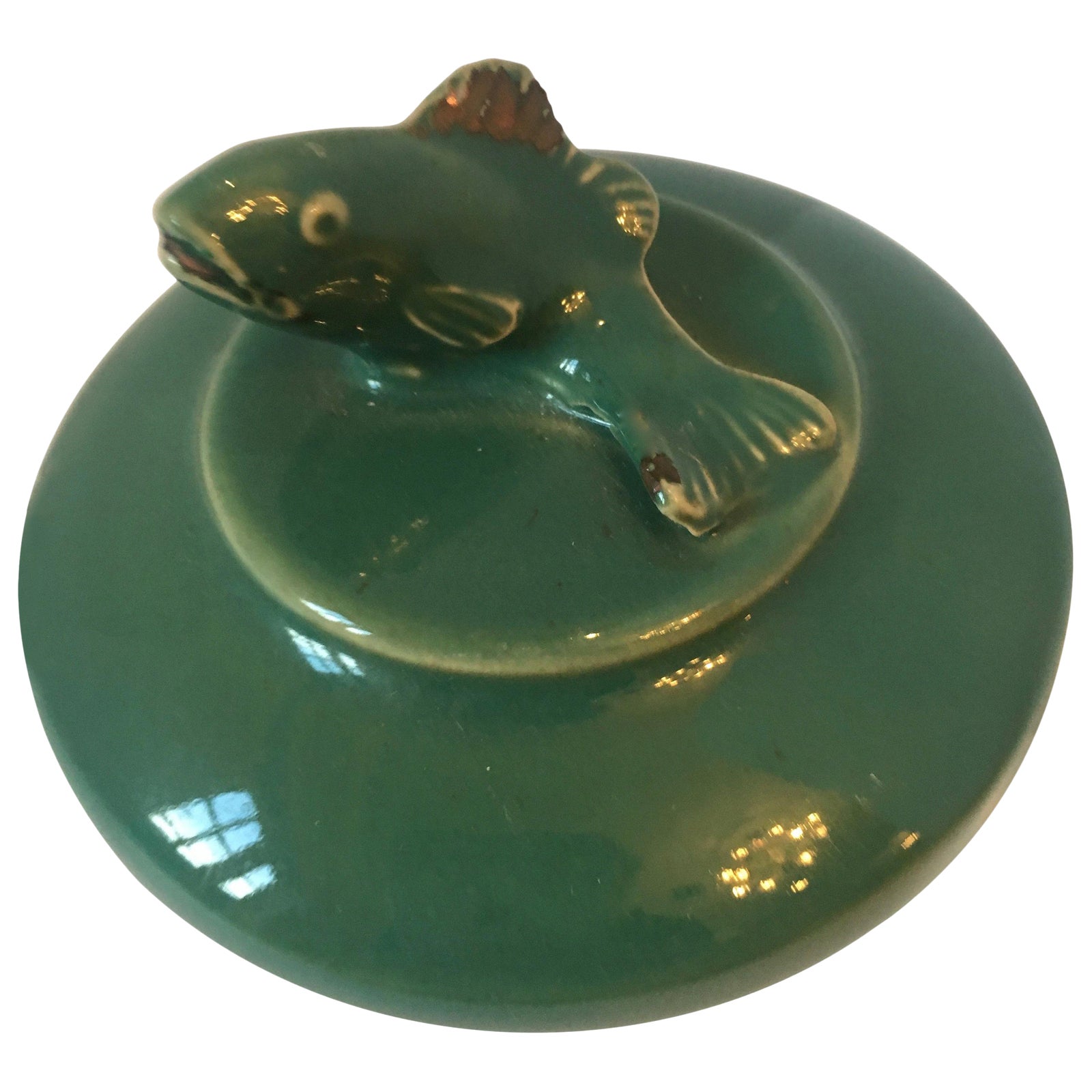 Green Ceramic Trinket Box With Fish Motif Lid | Chairish
