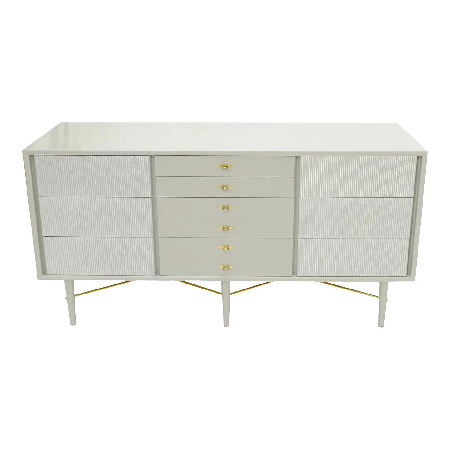 Two Tone Light Grey & White Fluted Drawer Fronts Brass Stretchers Long ...