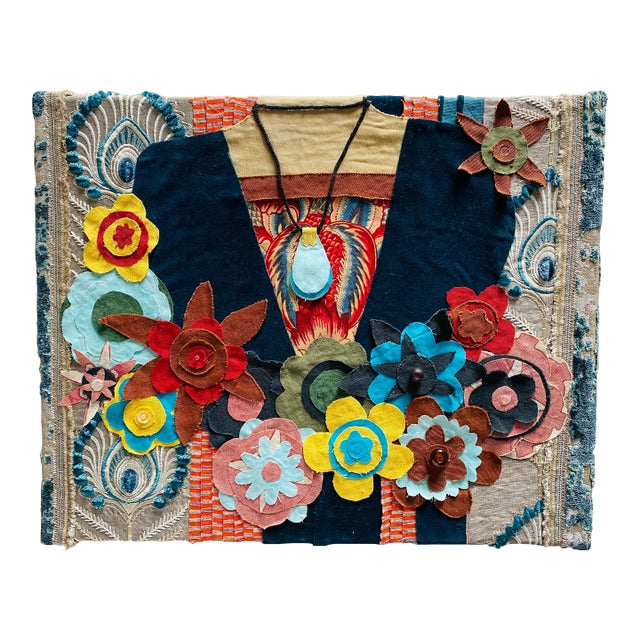 Vintage Colorful 1980’s Boho Textile Fabric Art on Canvas | Chairish