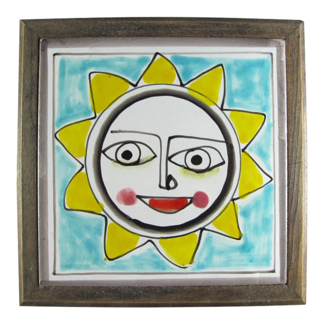 1960s DeSimone Hand Painted Sun Ceramic Tile Wood Frame | Chairish