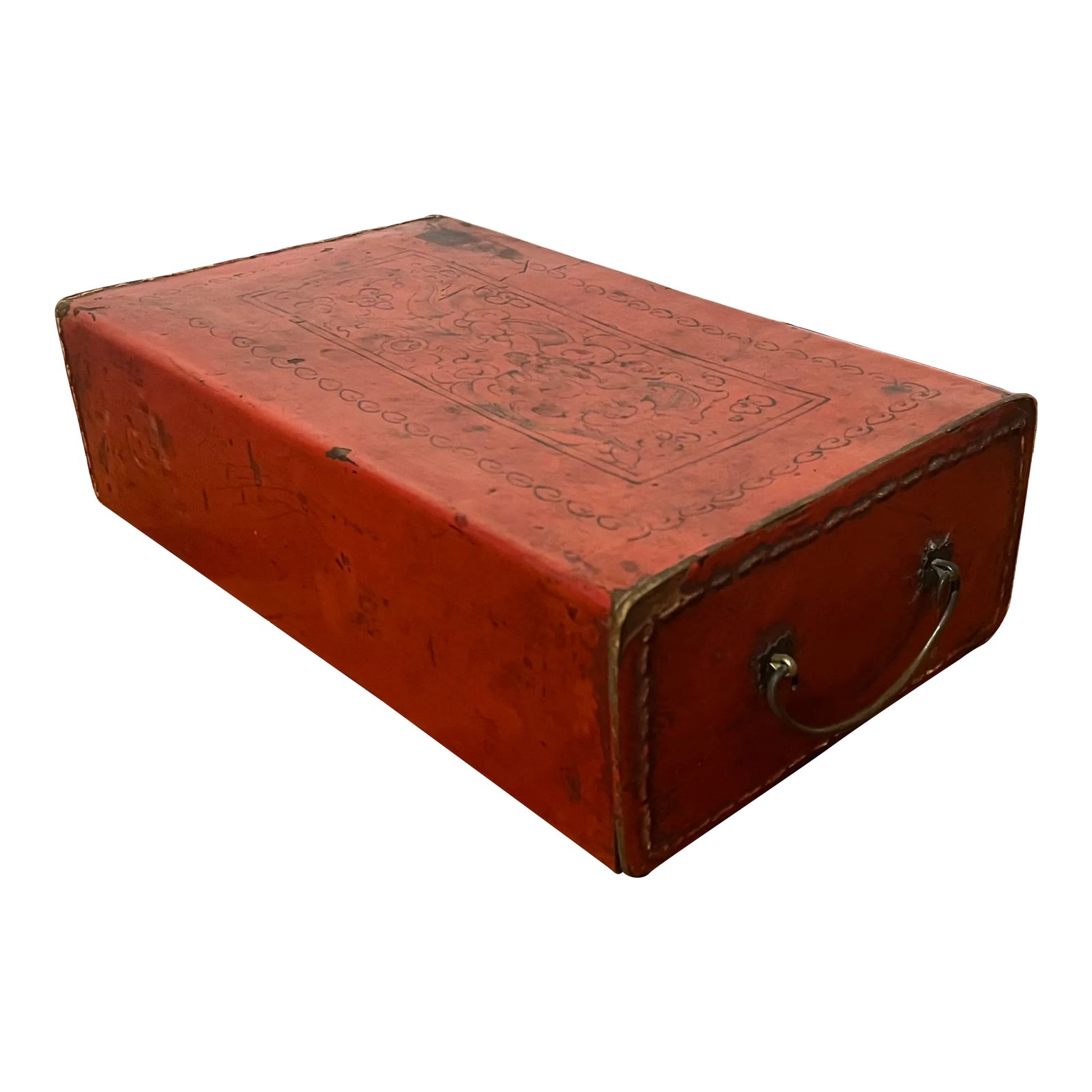 Antique 19th Century Chinese Red Lacquer Pigskin Pillow Box With Brass ...