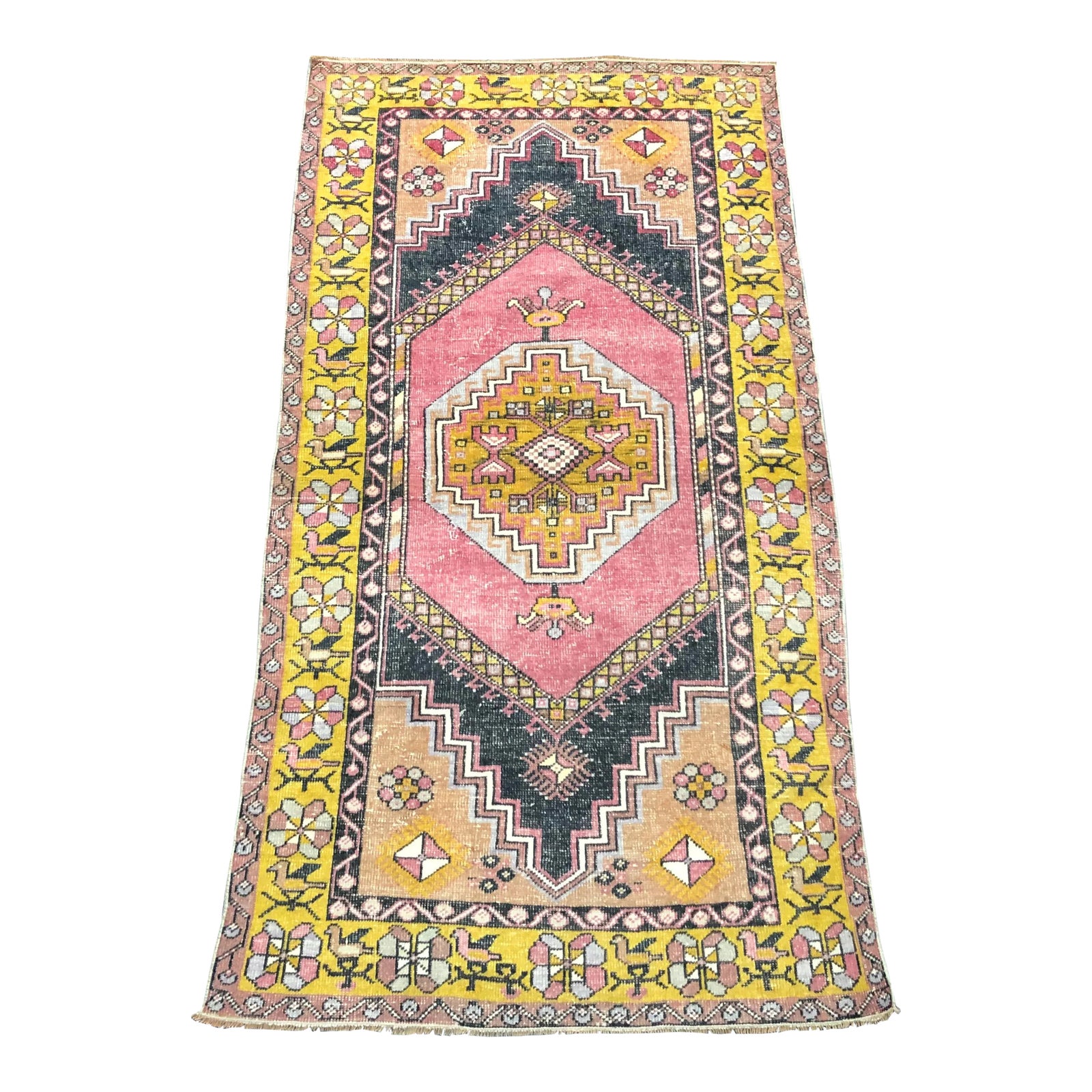 Vintage Turkish Yellow and Pink Rug-3'8'x7'2" | Chairish
