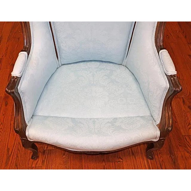 French Louis XV Style Blue Damask Fabric Hooded Porters Chair | Chairish