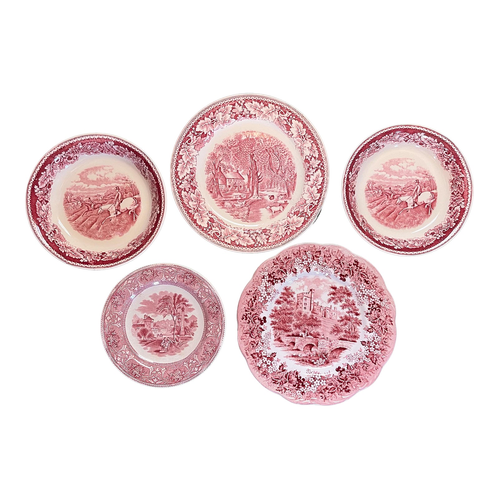 Vintage Red & White Decorative Plates- Set of 5 | Chairish