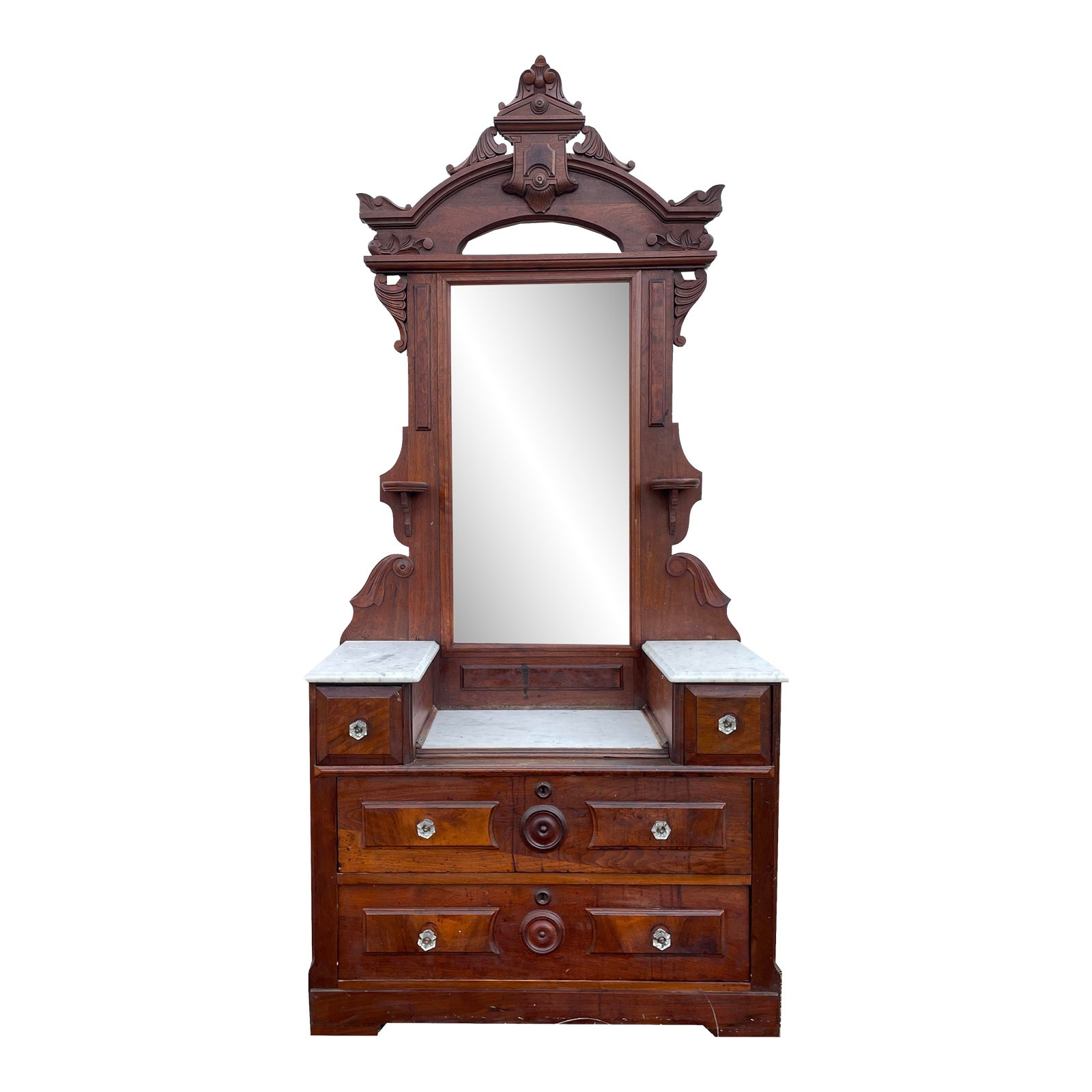 Late 1800s Renaissance Revival Marble Top Vanity Dresser With Carved ...