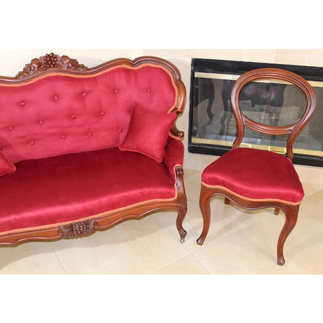 Circa 1867 Antique Burgundy Victorian Parlor Sofa Set with Hand-Carved ...