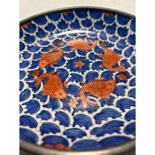 MCM Neiman Marcus Pewter and Porcelain Koi Fish Plates Bowls | Chairish