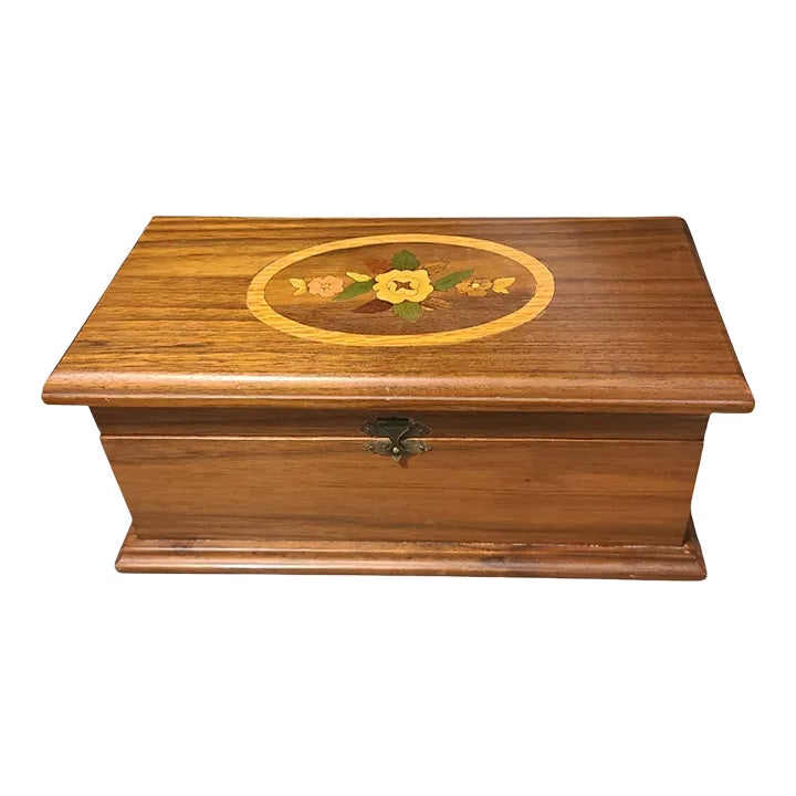 Late 20th Century Vintage Walnut Inlay Floral Rectangular Jewelry Box ...