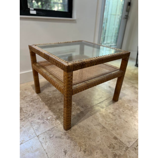 1970s Vintage Rattan Wrapped Side Tables With Glass Top - a Pair | Chairish