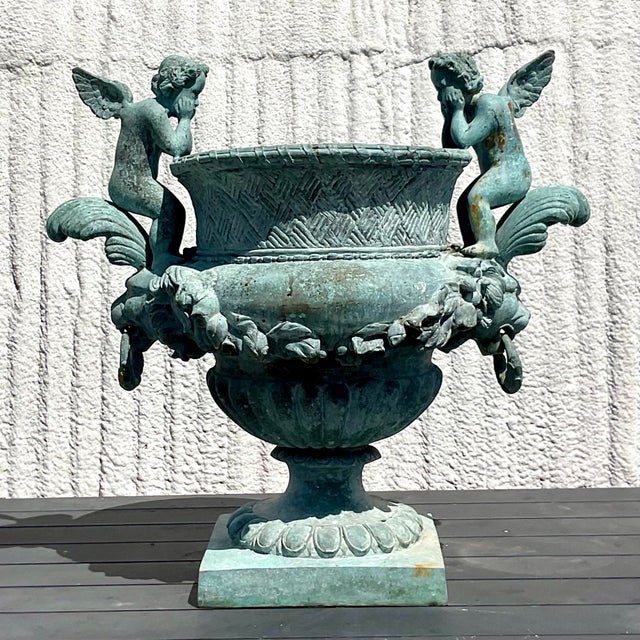 Vintage Boho Patinated Bronze Double Cherub Planter | Chairish