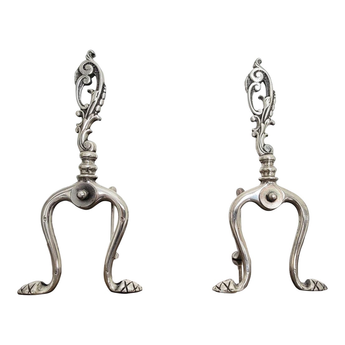 Pair of Brass Fireplace Andiron Set in Silver Antique Finish | Chairish