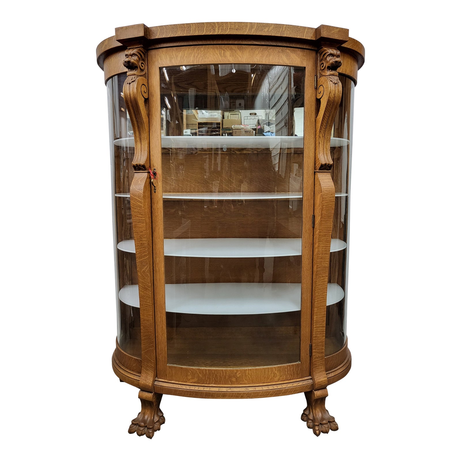 Early 20th Century Antique Curved Glass Lion Head Display Cabinet With ...