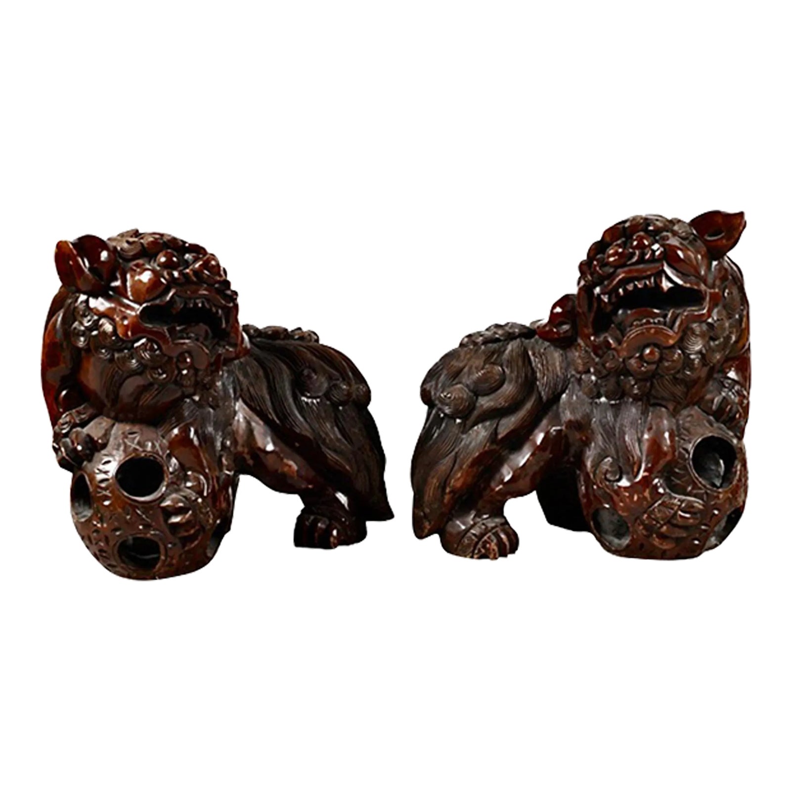 Pair Large Carved Fu Lions | Chairish