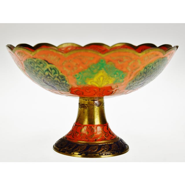 Vintage Enamel Painted India Brass Compote | Chairish