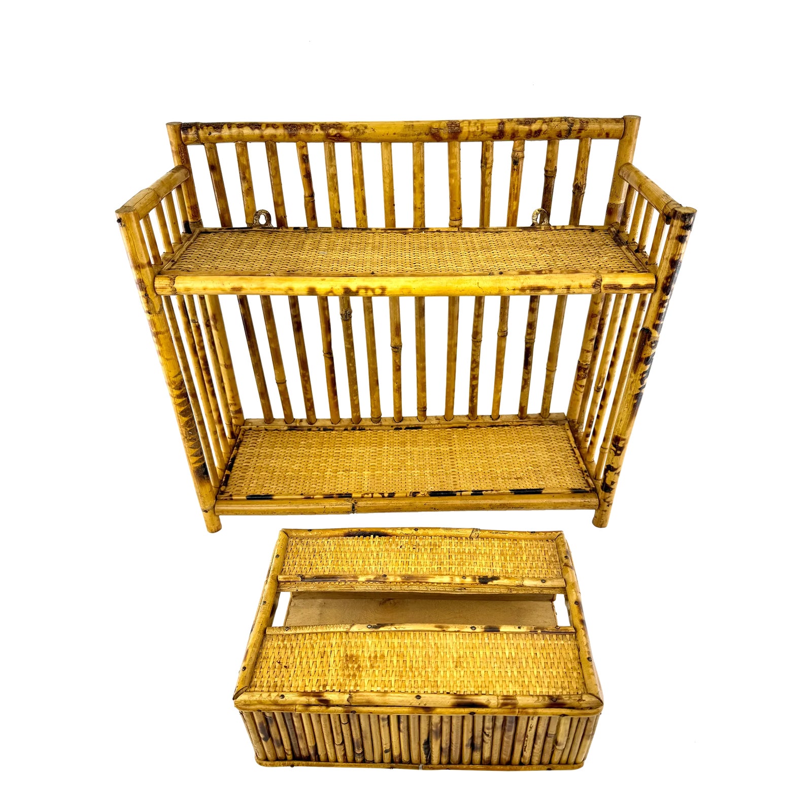 1960's Vintage Burnt Tortoise Bamboo Shelf and Tissue Box | Chairish