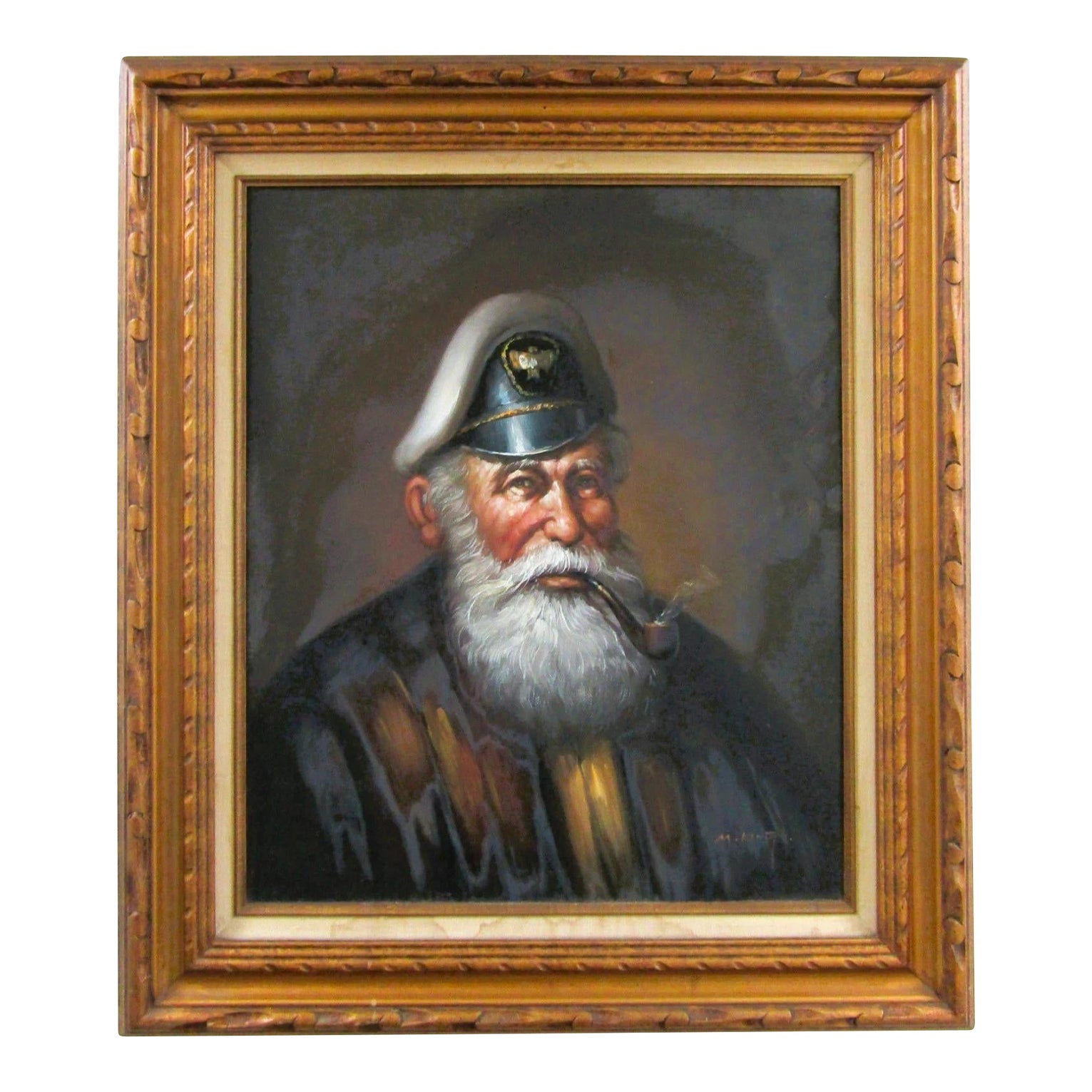 1970s M. King Oil Painting Portrait of a Sea Captain Smoking a Pipe ...