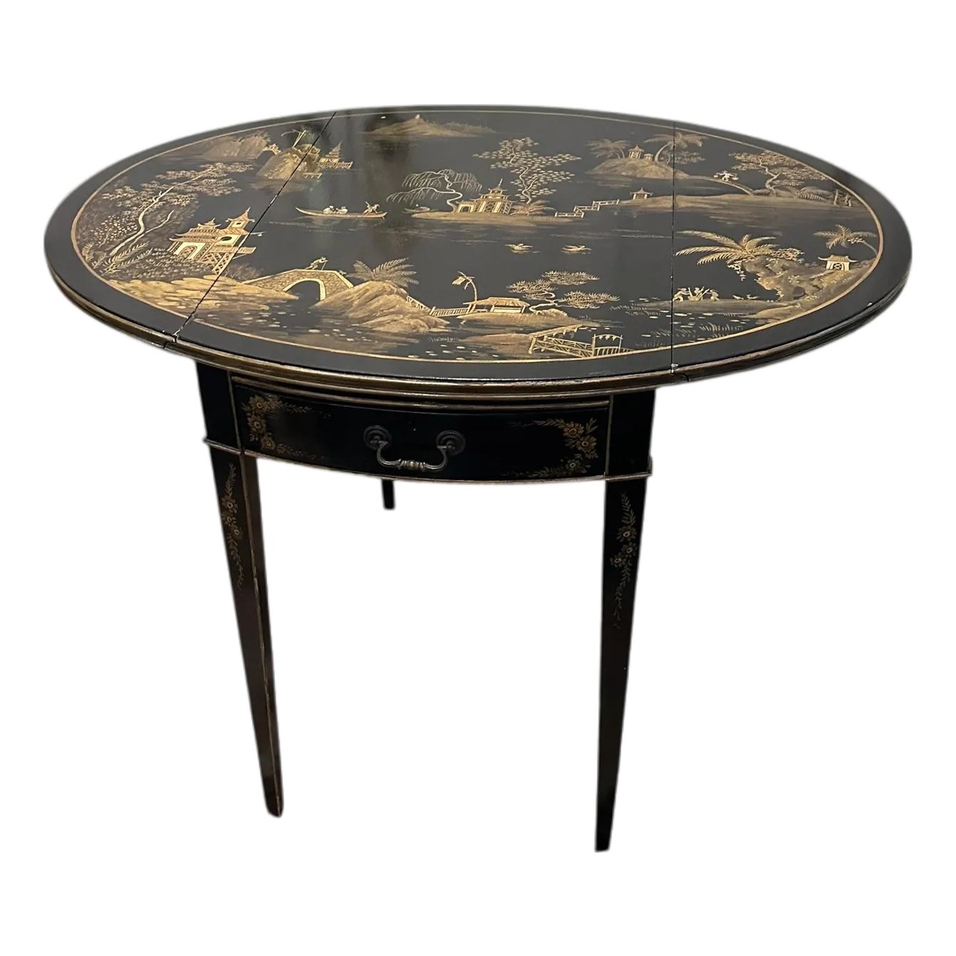 Vintage Black Lacquer Chinoiserie Drop-Leaf Table With Drawers | Chairish
