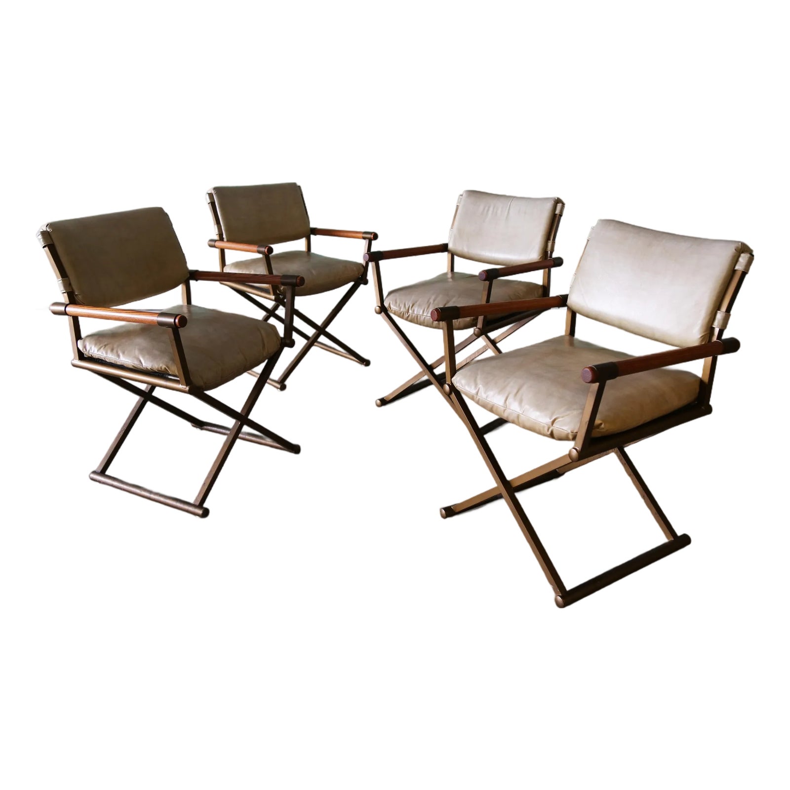 1970s Cal Style Director Chairs Oak Brass and Vinyl Set of 4 | Chairish