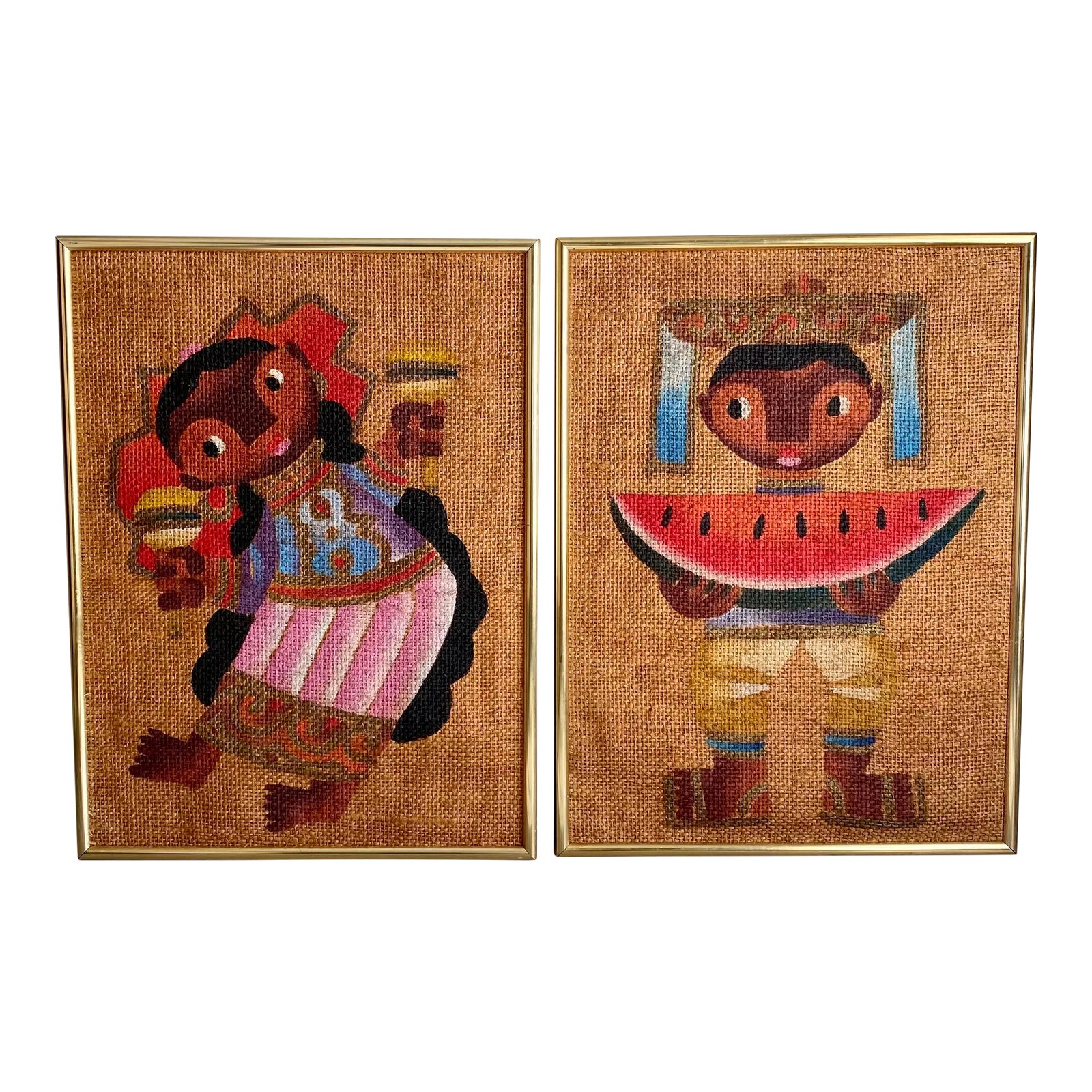 Jose De Servin Mexican Paintings on Burlap - a Pair | Chairish