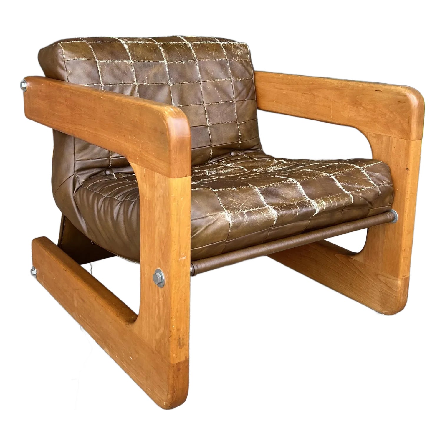 Brown Checkerboard Leather Arm Chair in the Style of Lou Hodges | Chairish