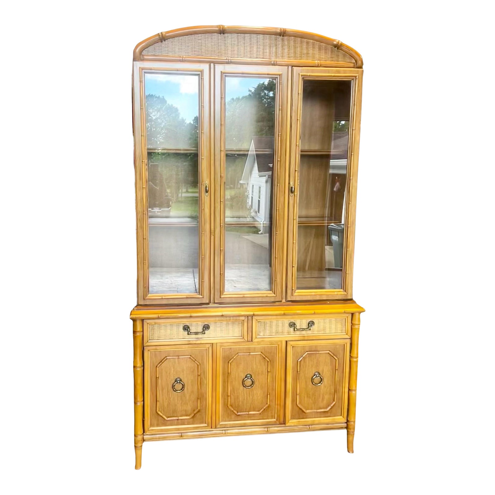 1970s Vintage Broyhill, Fabulous Faux Bamboo & Rattan Hutch | Chairish