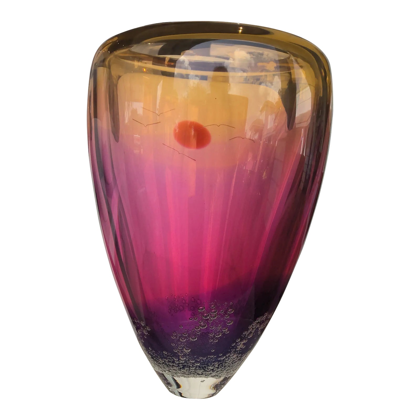 Sunset Vase, Sun & Birds by Blodgett Glass | Chairish