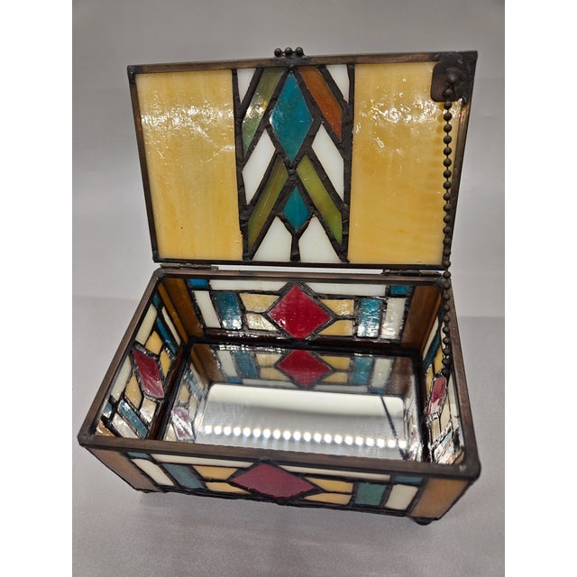 Vintage MCM Stained Glass Trinket Box Tiffany Style Jewelry W/Chain ...