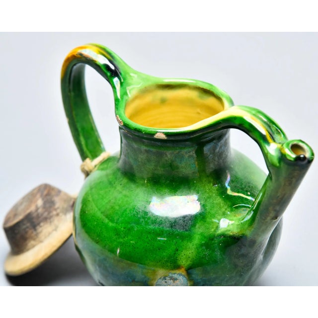 French Green Water Jug With Wooden Lid | Chairish