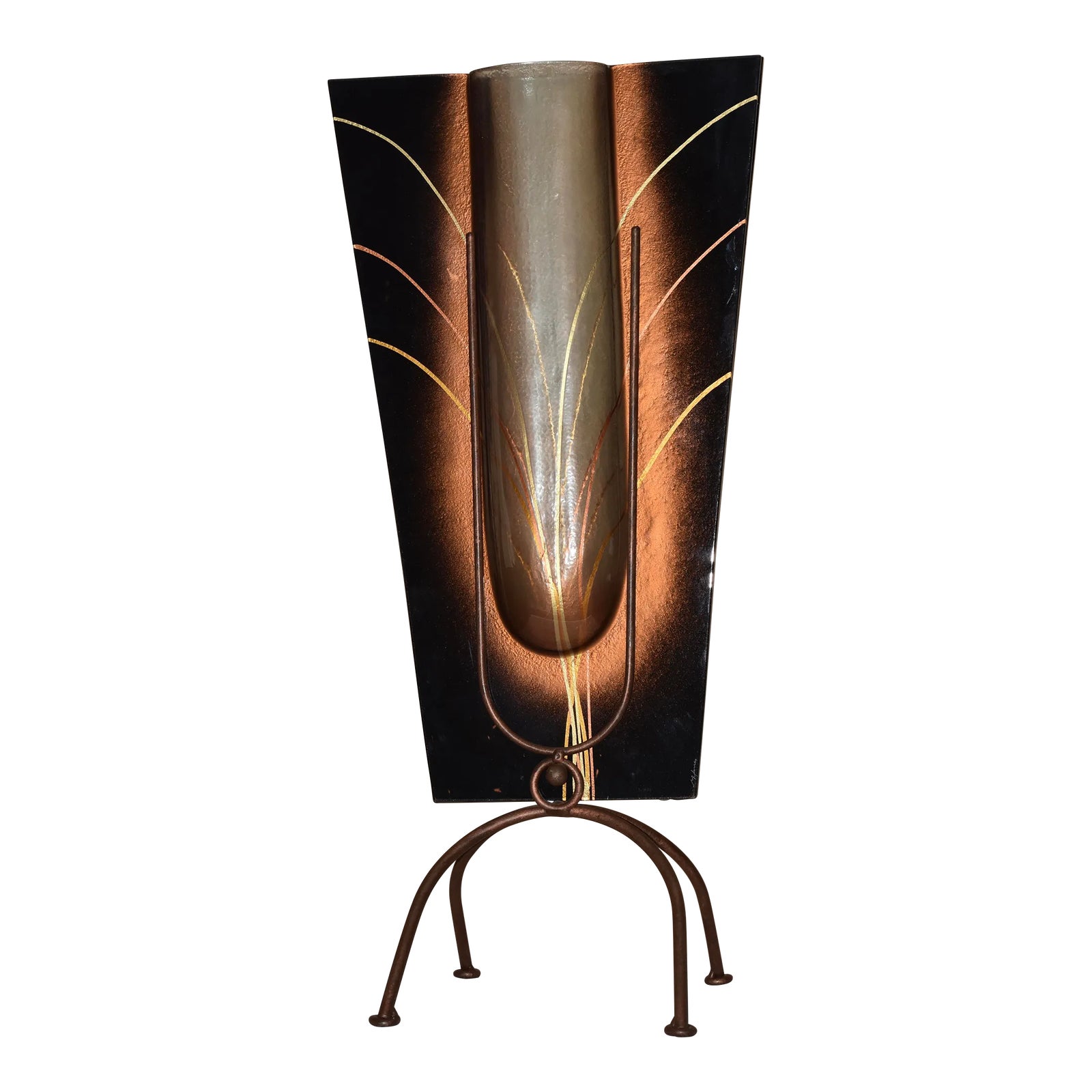 1980s Mark Hines Glass Art Abstract Slumped Glass Black Marble & Copper ...
