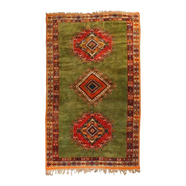 Vintage Moroccan Beni Mguild Berber Green and Orange Rug 1960s | Chairish