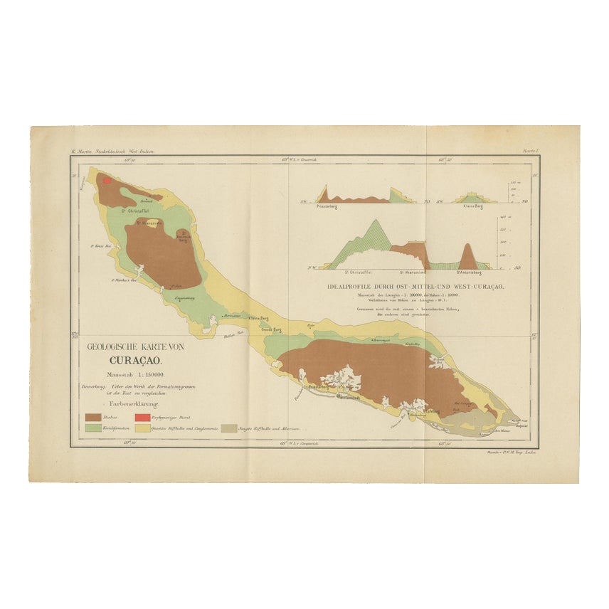 Antique Geological Map of Curaçao in the Dutch Caribbean, 1888 | Chairish