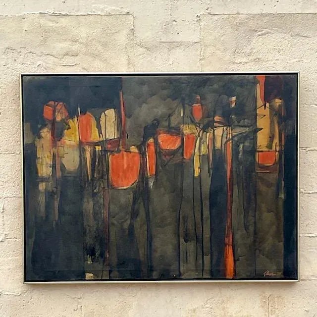 Vintage MCM Abstract Original Oil Painting on Canvas | Chairish