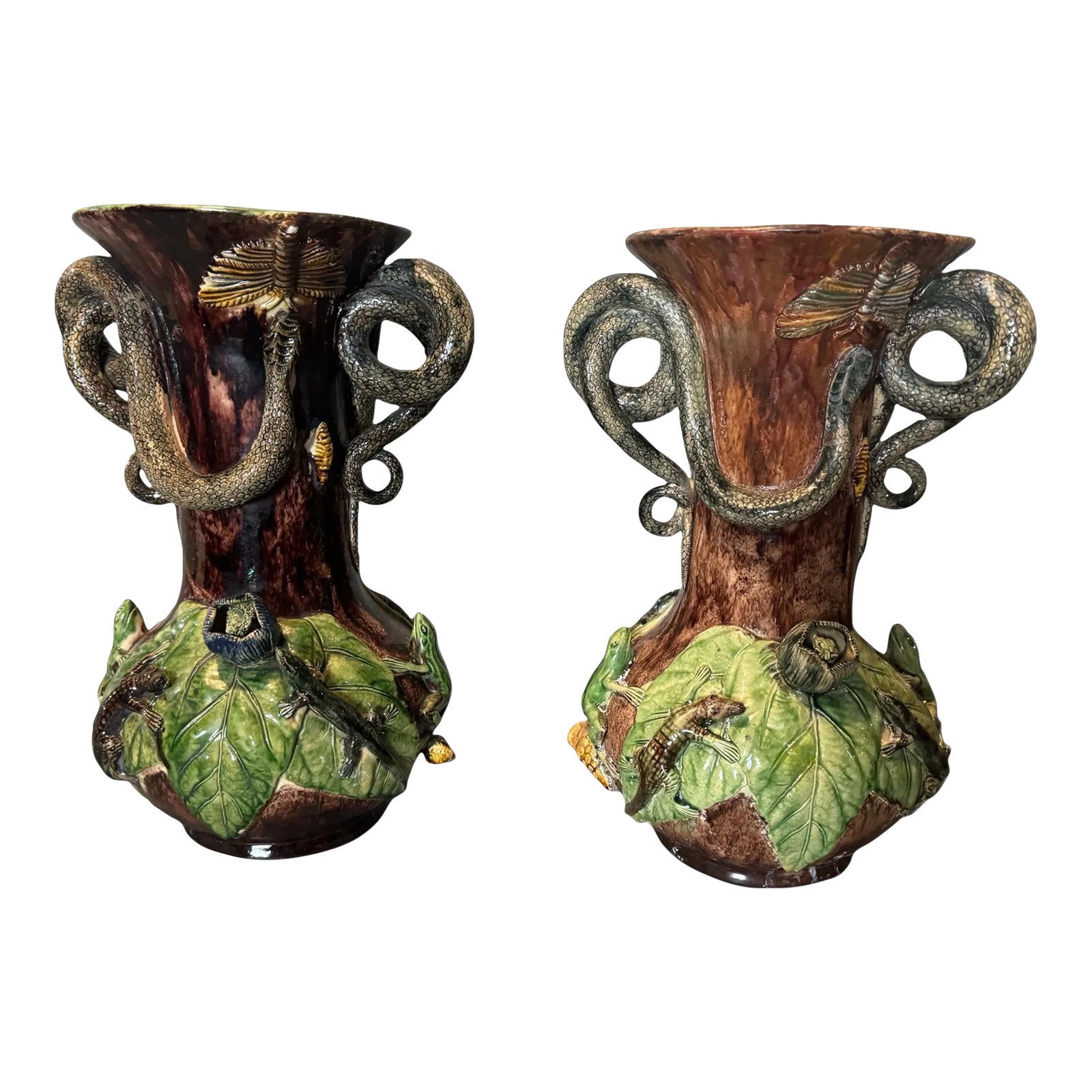 Pair of Early 20th Century M. Mafra Figural Palissy Ware Majolica Vases ...