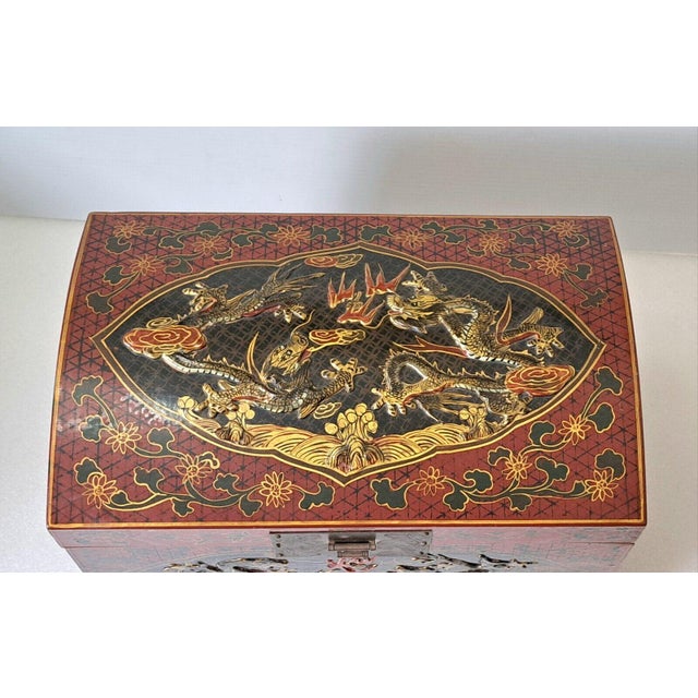 1960s Vintage Chinese Carved Double Dragon Wood Dowry Keepsake Box Felt ...