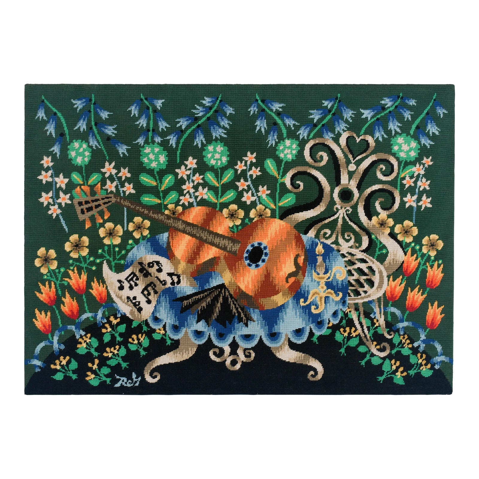 Mid Century French Petit Point Tapestry Still Life With Guitar | Chairish