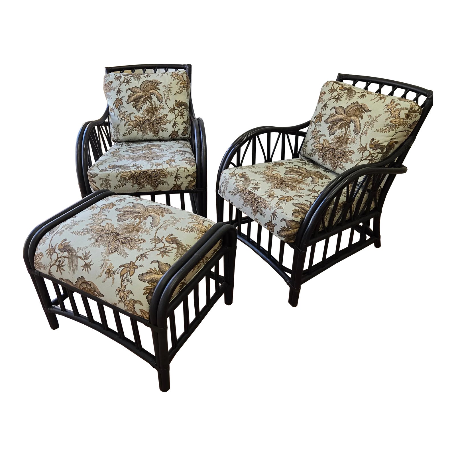 Palecek British Colony Tropical Set, 2 Chairs & 1 Ottoman | Chairish