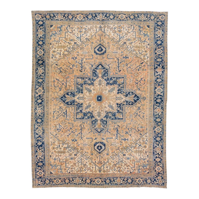 Vintage Handmade Heriz Wool Rug With Medallion Motif in Peach | Chairish