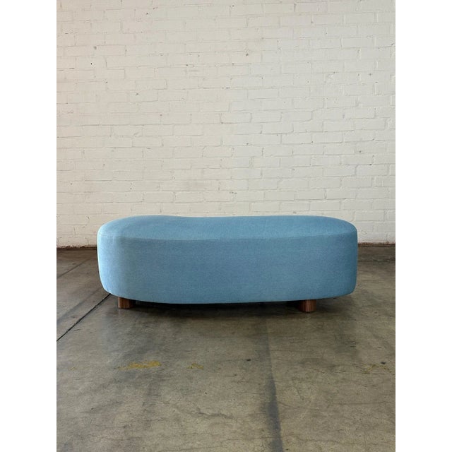 Denim Ottoman With Walnut Legs | Chairish