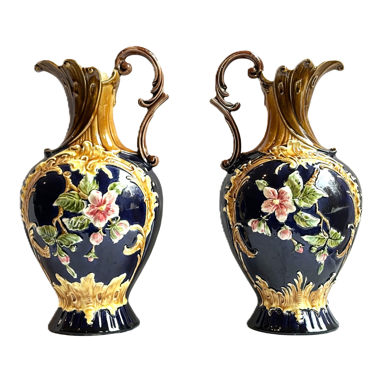 Pair of Antique Majolica Ewer Vases – Cobalt Blue With Pink Blossoms ...