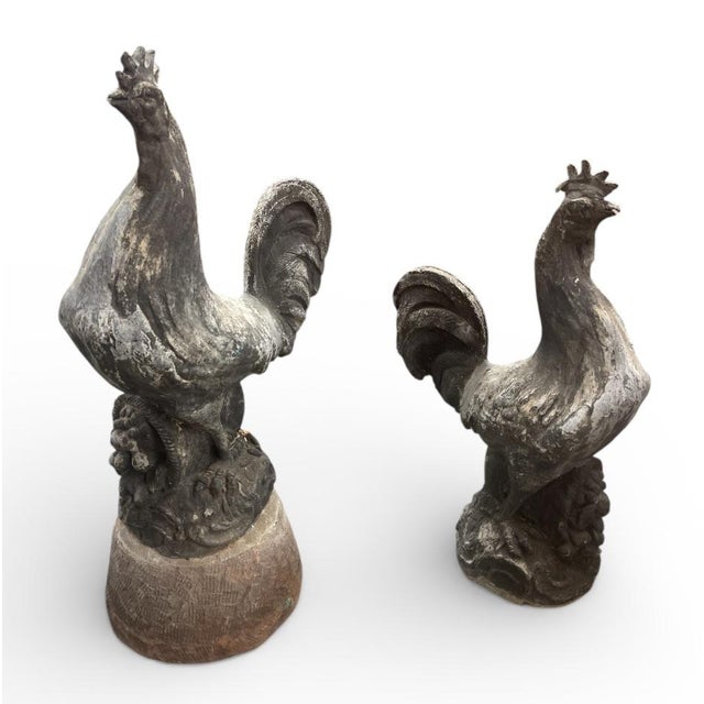 Vintage Cast Lead Rooster Garden Statues - A Pair | Chairish