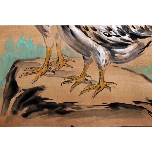Vintage Mid-Century Rooster & Hen on Rock Painting on Paper | Chairish