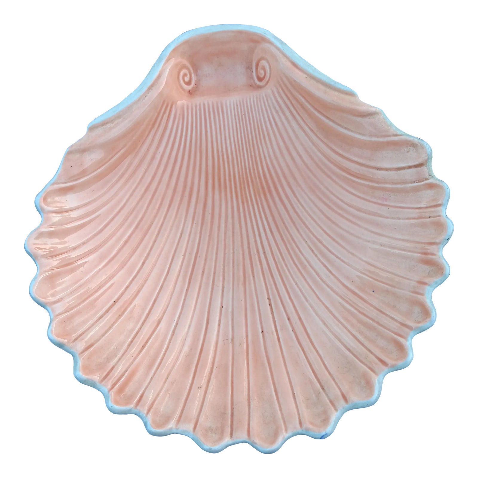 1980s Artist Signed Blush Pink Ribbed Ceramic Shell Platter | Chairish