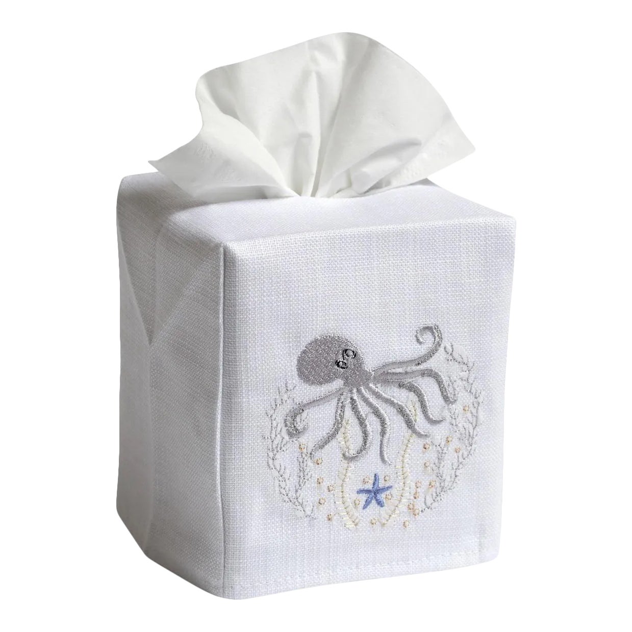 Pewter Octopus Tissue Box Cover in White Linen & Cotton, Embroidered ...