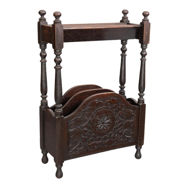 Antique English Carved Oak Library Book Trough and Magazine Rack Stand ...