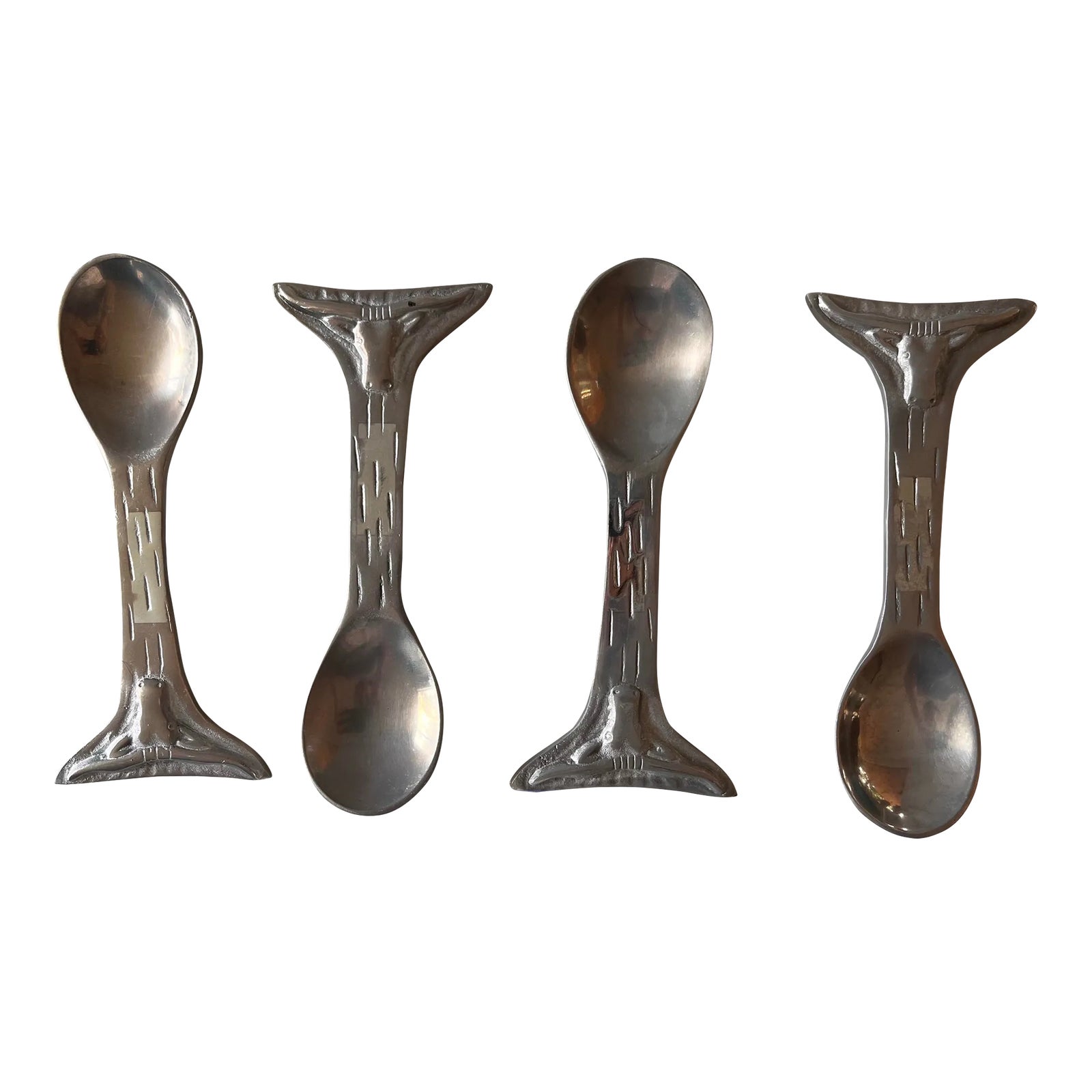 Set of 4 Large Pewter Spoons With Longhorn Handles. | Chairish