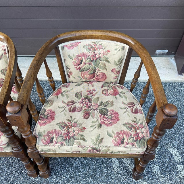 Vintage American Made Jacobean Style Solid Oak Club Chairs or Barrel ...