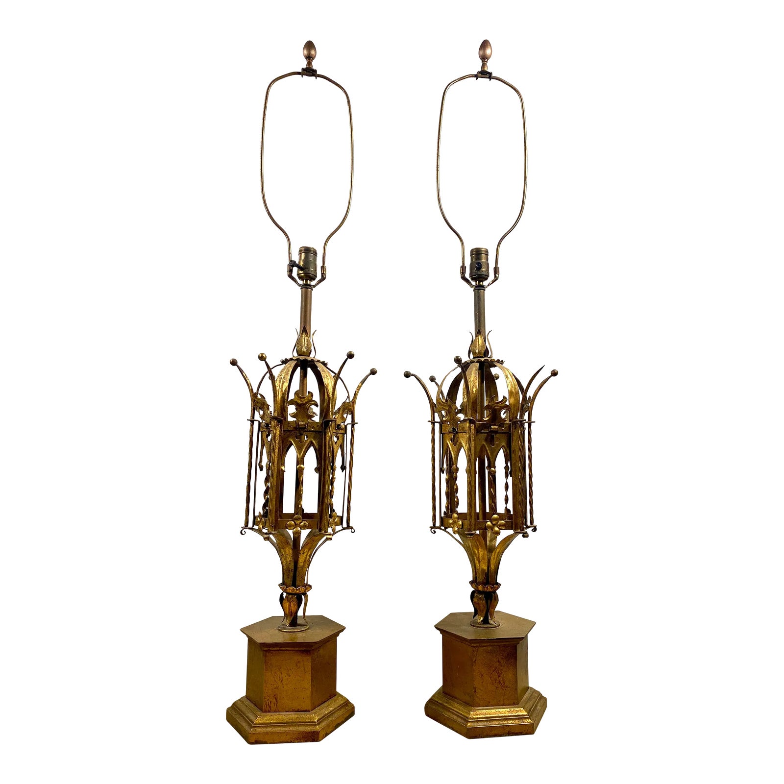 Pair of Mid-Century Medieval Gothic Gold-Tone Metal Table Lamps by ...