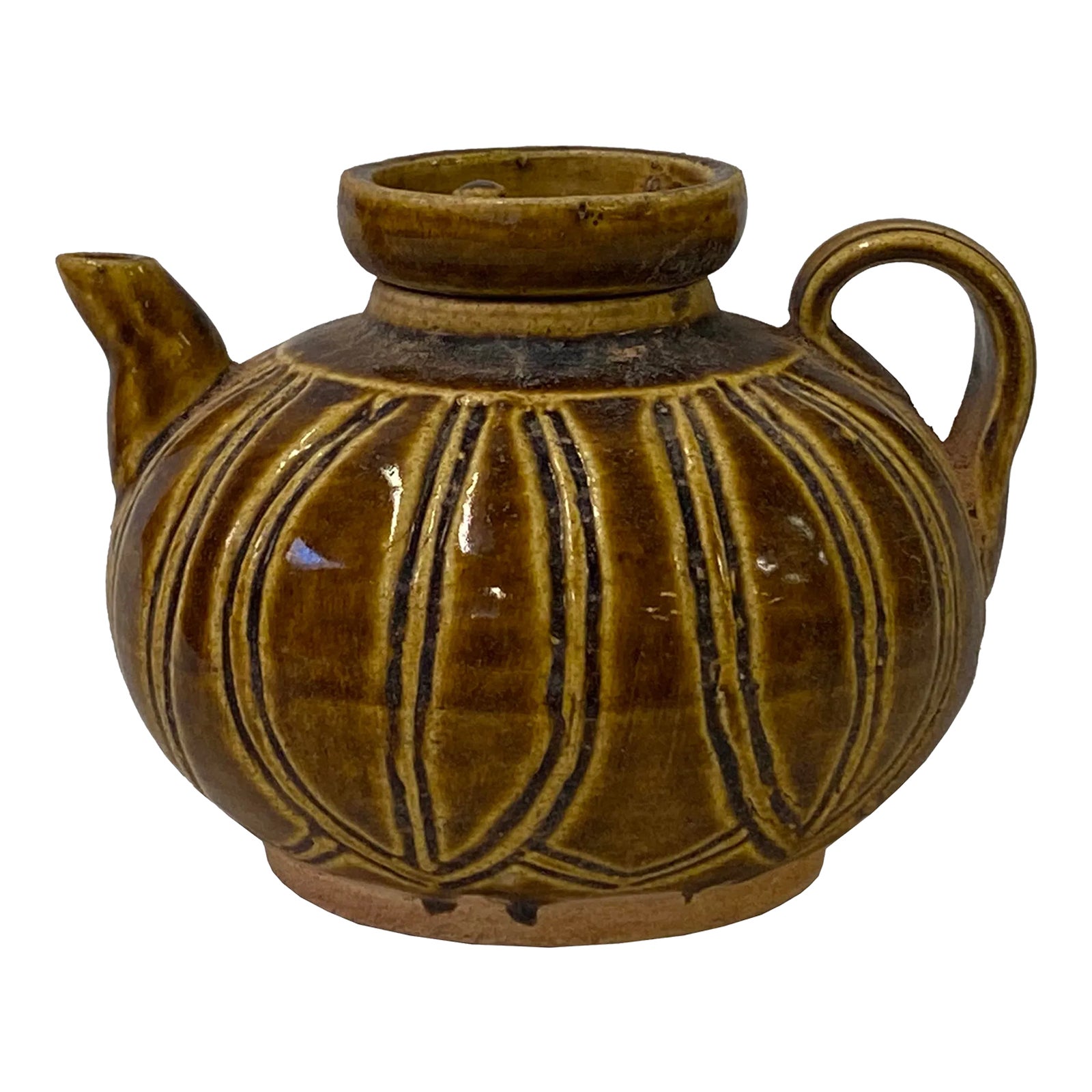 Chinese Ware Brown Lines Pattern Ceramic Jar Vase Display Art | Chairish