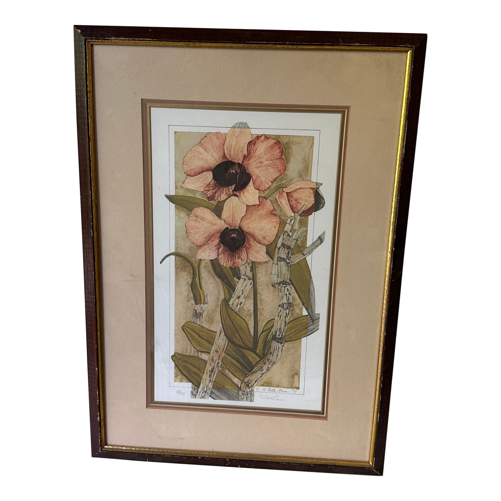 1970s Antique Framed Signed Print of Pink Flower | Chairish